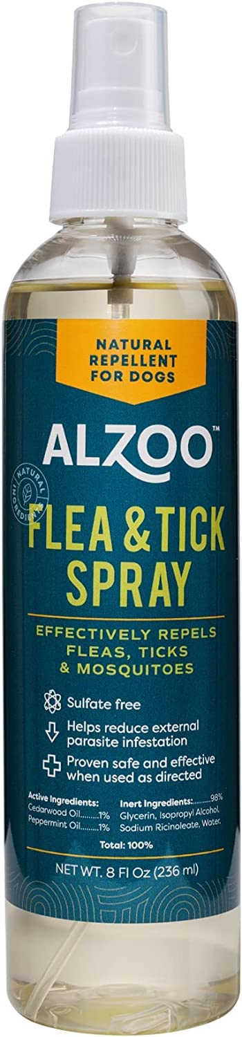 ALZOO Flea and Tick Repellent Spray for Dogs, Effectively Repels Fleas, Ticks & Mosquitos, 100% Plant-Based Active Ingredients, Sulfate-Free, 8 Fl. Oz.