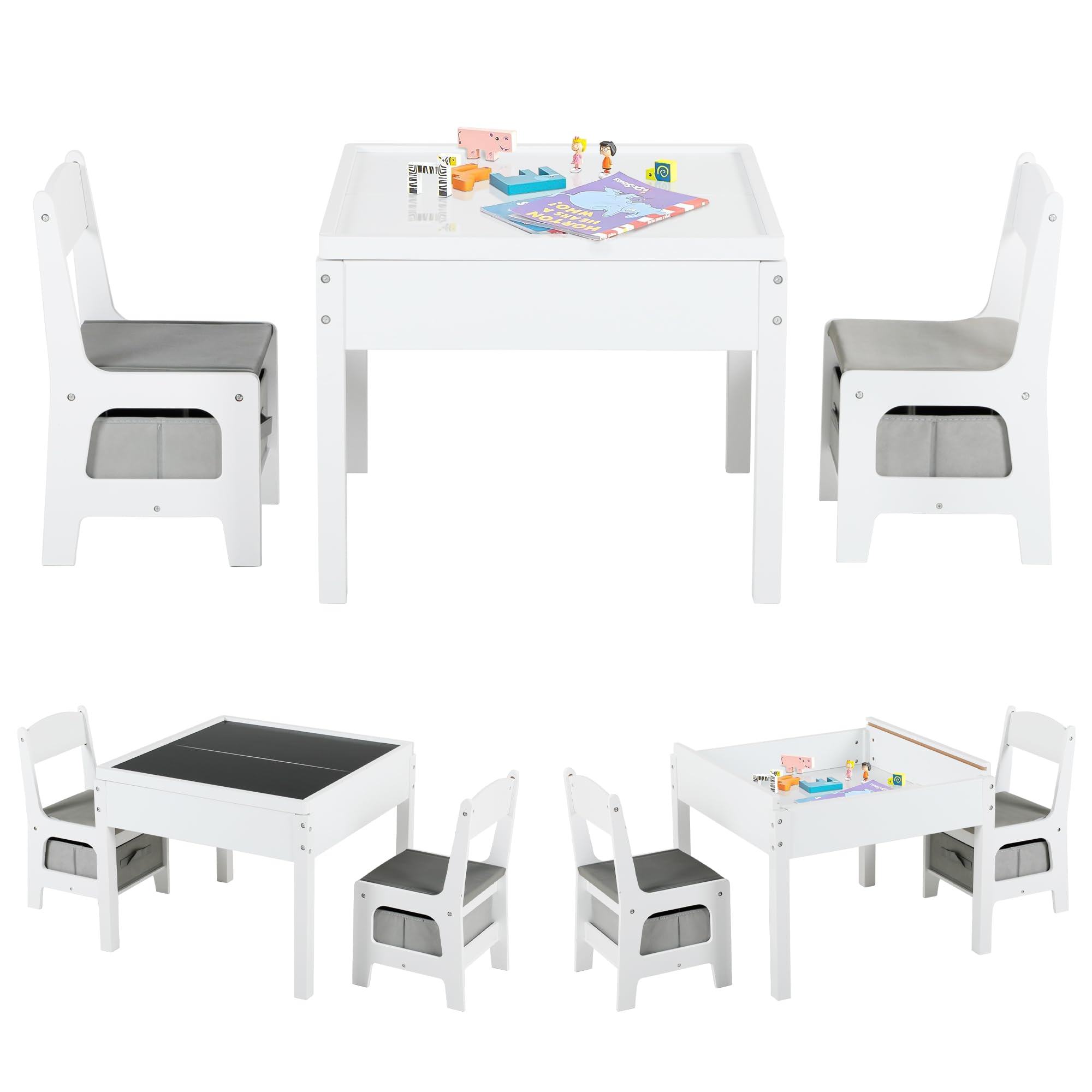 COEWSKE Kids Table and Chairs Set, 4 in 1 Toddler Desk and Chair Set with Storage, Wooden Activity Table for Toddlers Arts, Crafts, Drawing, Reading, Playroom,Gift for Boy & Girl (Gray)