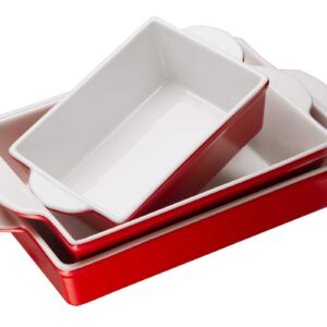 Kook Casserole Dishes for Oven, Ceramic Bakeware Set, Rectangular Baking Dishes, For Casseroles, Lasagna, Cake, Small, Medium & Large Pans, Microwave & Dishwasher Safe, Set of 3 (Cherry)