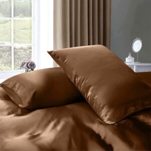 Silk Satin Sheets, 1 Silk Fitted Sheet with 15 Inch Deep Pockets, 1 Silk Flat Sheet, 1 Silk Duvet Set, 4 Silk Pillowcase Hotel Luxury Silk Bed Sheets Set !!! Brown/King