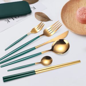 AARAINBOW 8 Pieces Stainless Steel Flatware Set Portable Reusable Cutlery Set Travel Utensils Set Including Chopsticks Knife Fork Spoon Straws Cleaning Brush Dishwasher Safe (Green Golden)