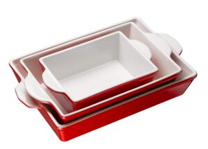 kook casserole dishes for oven, ceramic bakeware set, rectangular baking dishes, for casseroles, lasagna, cake, small, medium & large pans, microwave & dishwasher safe, set of 3 (cherry)