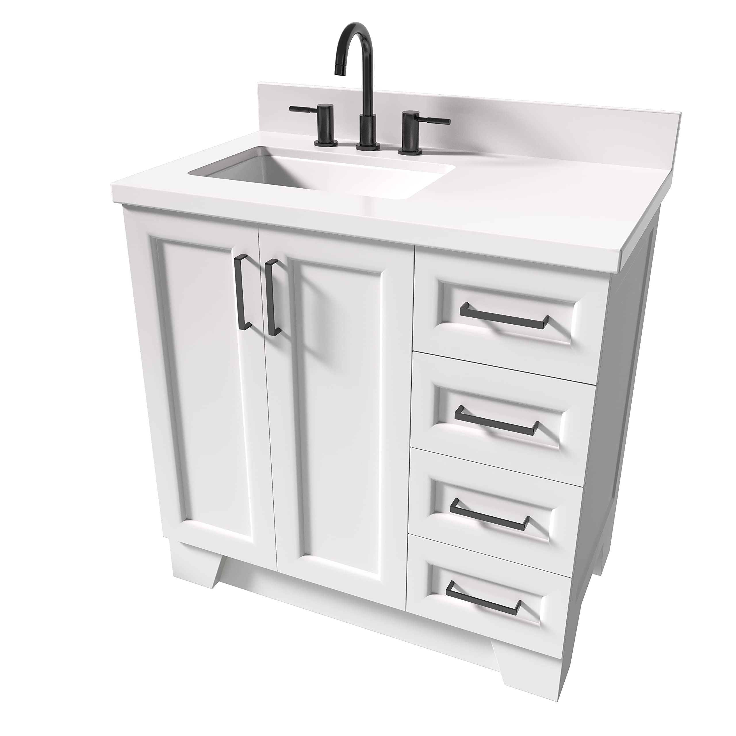 ARIEL 37" White Bathroom Vanity with 1.5" Edge Pure White Quartz Countertop & Backsplash, Left Rectangular Sink, 2 Soft Closing Doors, 5 Full Extension Dovetail Drawers, Toe Kick, Matte Black