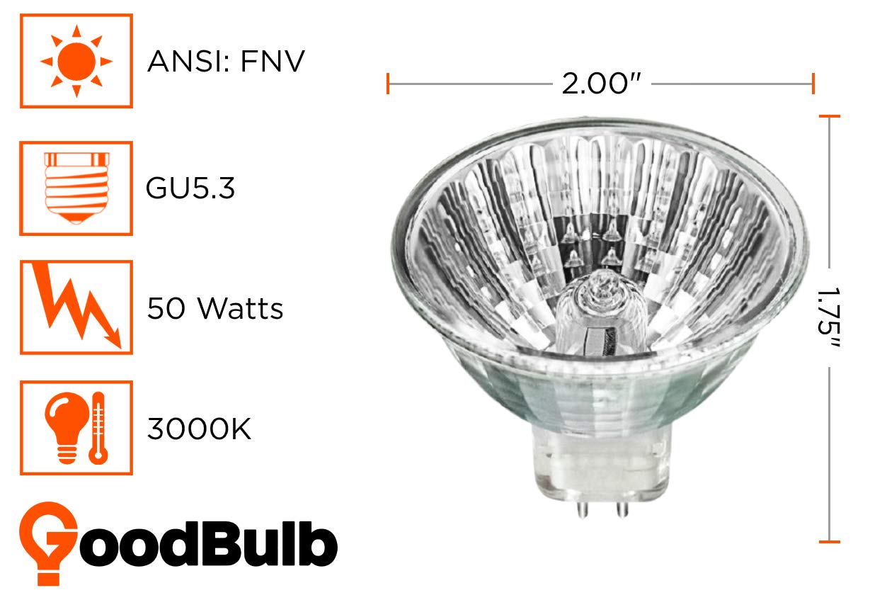 GoodBulb 50-Watt Halogen MR16 Light Bulb | GU5.3 Base 24V ANSI Code FNV | 3000K Soft White Color | Clear Finish | 2000 Life Hours | Pack of 10 Bulbs