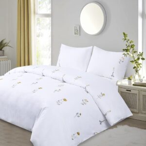 YINFUNG Floral Duvet Cover King Flower White Yellow Wildflower Spring Embroidered Cotton King Garden Green Elegant Botanical Blossom Fresh Sweet French Country Bedding Set 3 Pieces 104x90