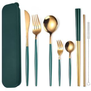 aarainbow 8 pieces stainless steel flatware set portable reusable cutlery set travel utensils set including chopsticks knife fork spoon straws cleaning brush dishwasher safe (green golden)