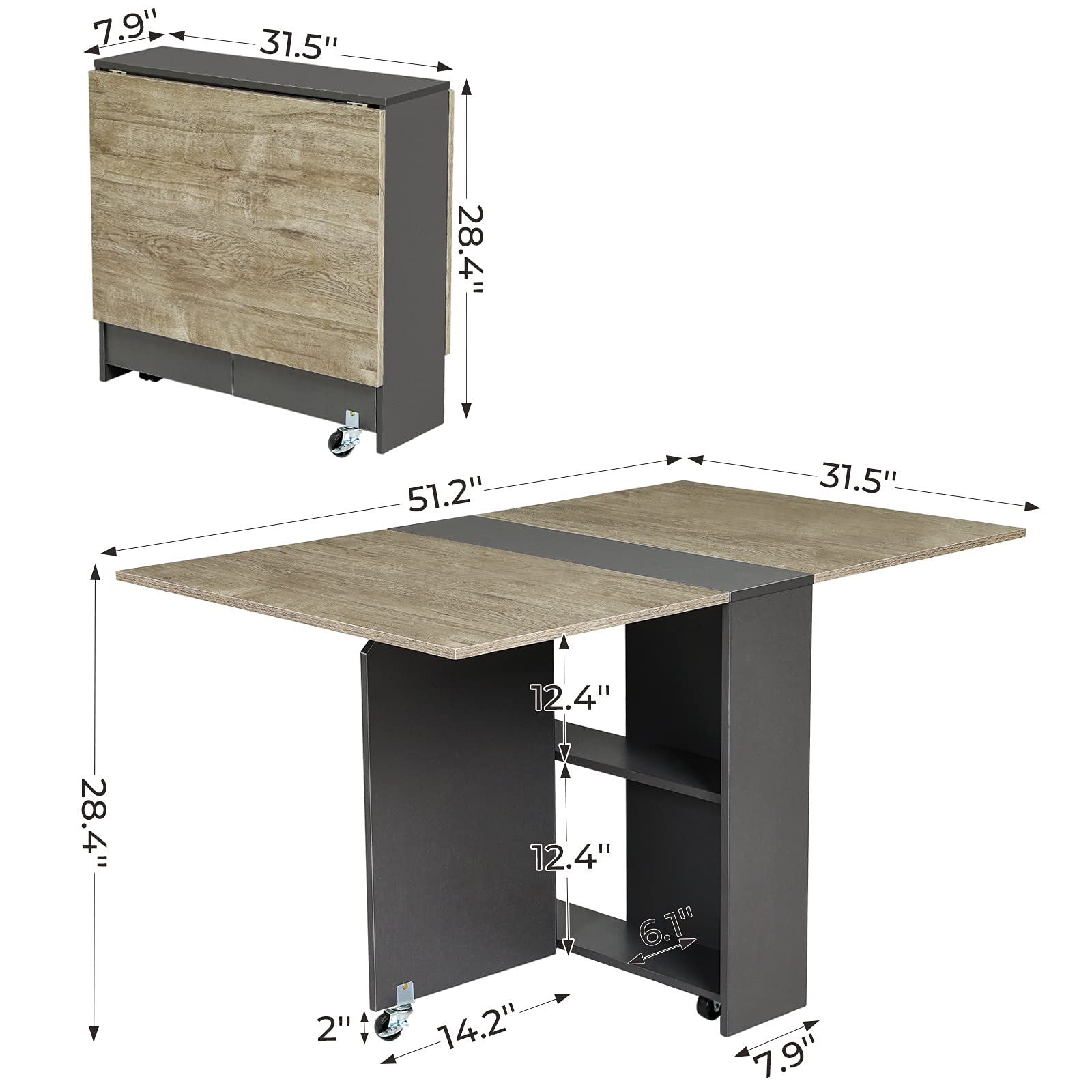 Tiptiper Folding Dining Table with 2 Storage Racks, Drop Leaf Table with 6 Wheels, Multifunction Expandable Table for Kitchen, Bedroom, Living Room