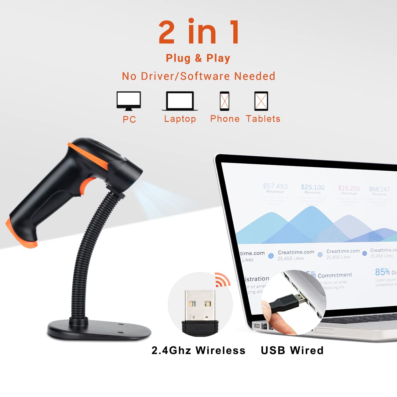 Tera Barcode Scanner Wireless 1D Laser Cordless Barcode Reader with Battery Level Indicator, Versatile 2 in 1 2.4Ghz Wireless and USB 2.0 Wired with Stand Model 5100-Z