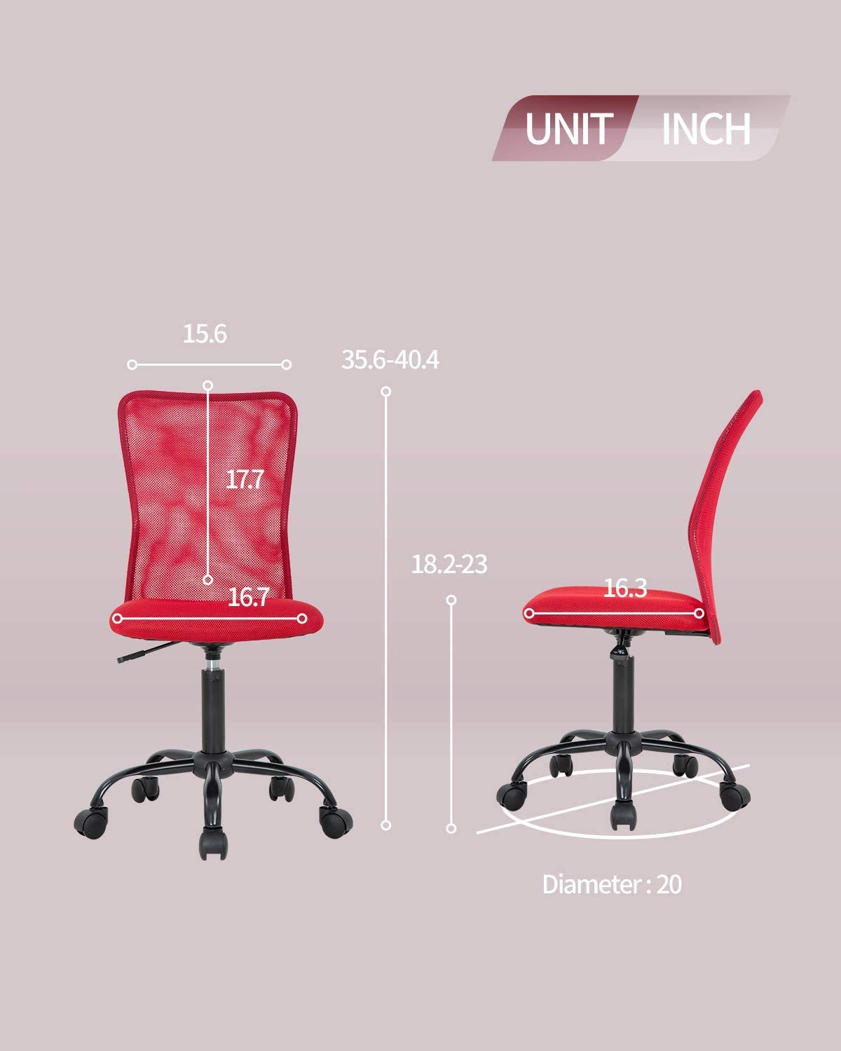 Office Chair Desk Chair Computer Chair with Lumbar Support Ergonomic Mid Back Mesh Adjustable Height Swivel Chair Armless Modern Task Executive Chair for Women Men Adult, Red