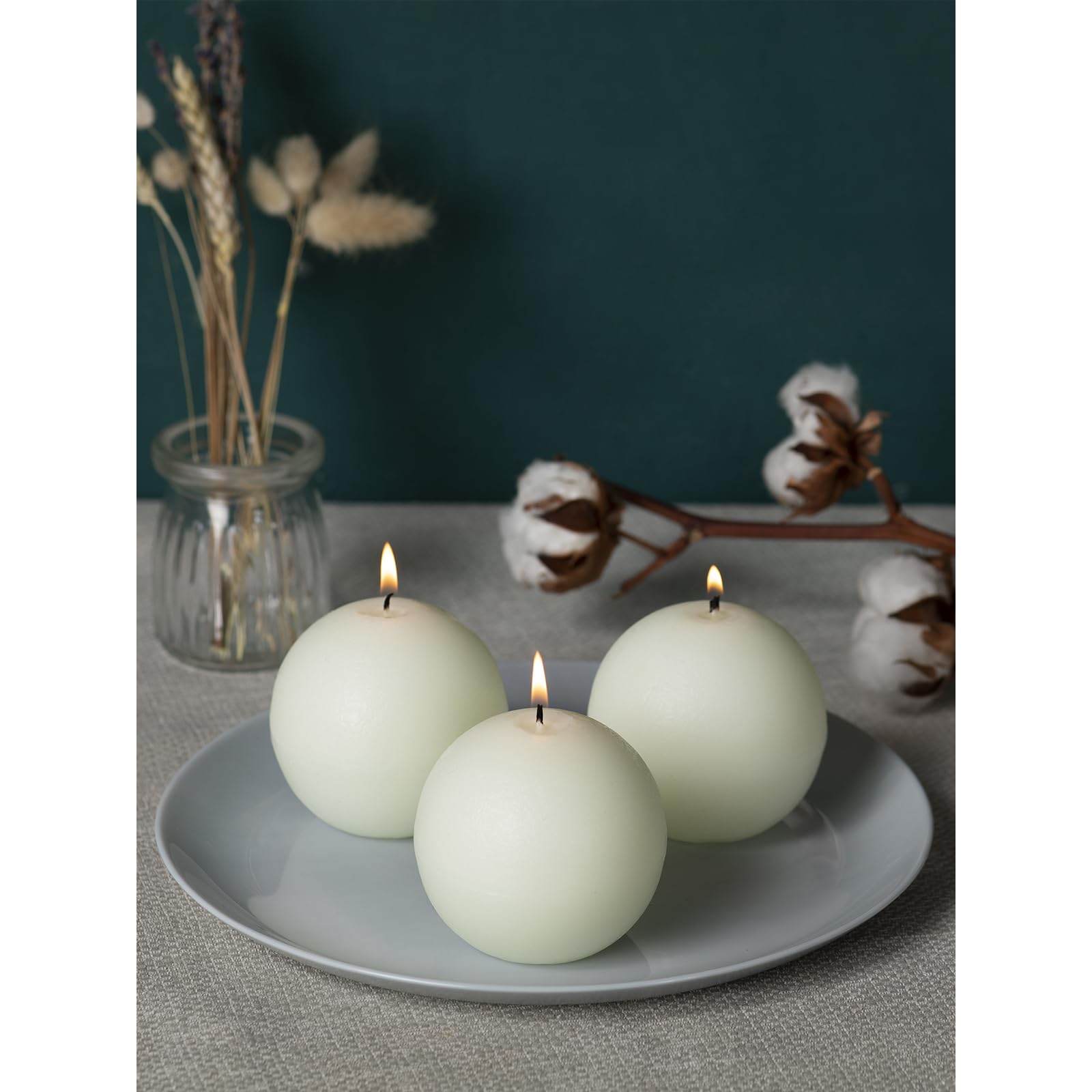 CANDWAX Set of 3 Round Ball Candles 3 inch - Round Candles Perfect as Wedding Decoration and as Sphere Candles for Home Decor - Unscented Candles Long Burning - Ivory Candles