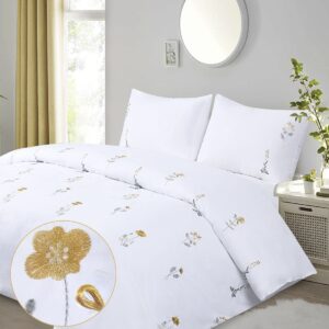 yinfung floral duvet cover king flower white yellow wildflower spring embroidered cotton king garden green elegant botanical blossom fresh sweet french country bedding set 3 pieces 104x90