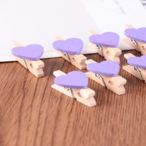 NUOBESTY Woodsy Decor 50pcs Mini Wooden Clips Clothespins Crafts Clips with Hearts for Wedding Party Valentines Day Decoration Purple Trendy Decor