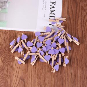 NUOBESTY Woodsy Decor 50pcs Mini Wooden Clips Clothespins Crafts Clips with Hearts for Wedding Party Valentines Day Decoration Purple Trendy Decor