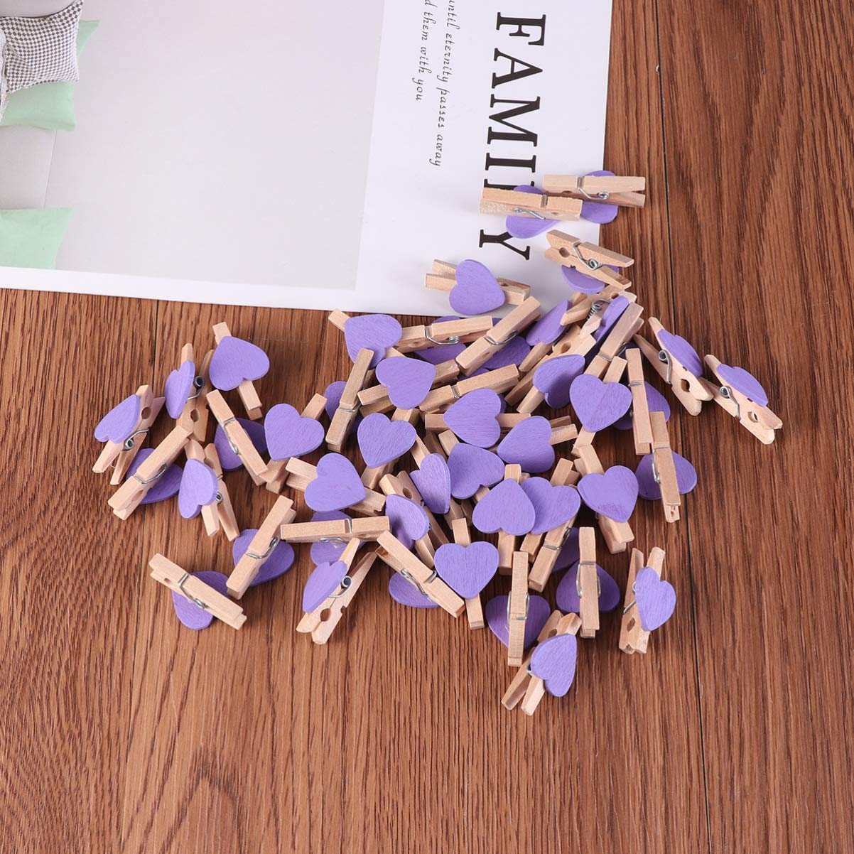 NUOBESTY Woodsy Decor 50pcs Mini Wooden Clips Clothespins Crafts Clips with Hearts for Wedding Party Valentines Day Decoration Purple Trendy Decor