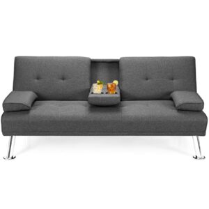 giantex modern convertible futon sofa bed, linen upholstered futon sofa sleeper w/metal leg, removable armrests, 2 cup holders, backrest adjustable, folding futon sofa bed for apartment (dark gray)