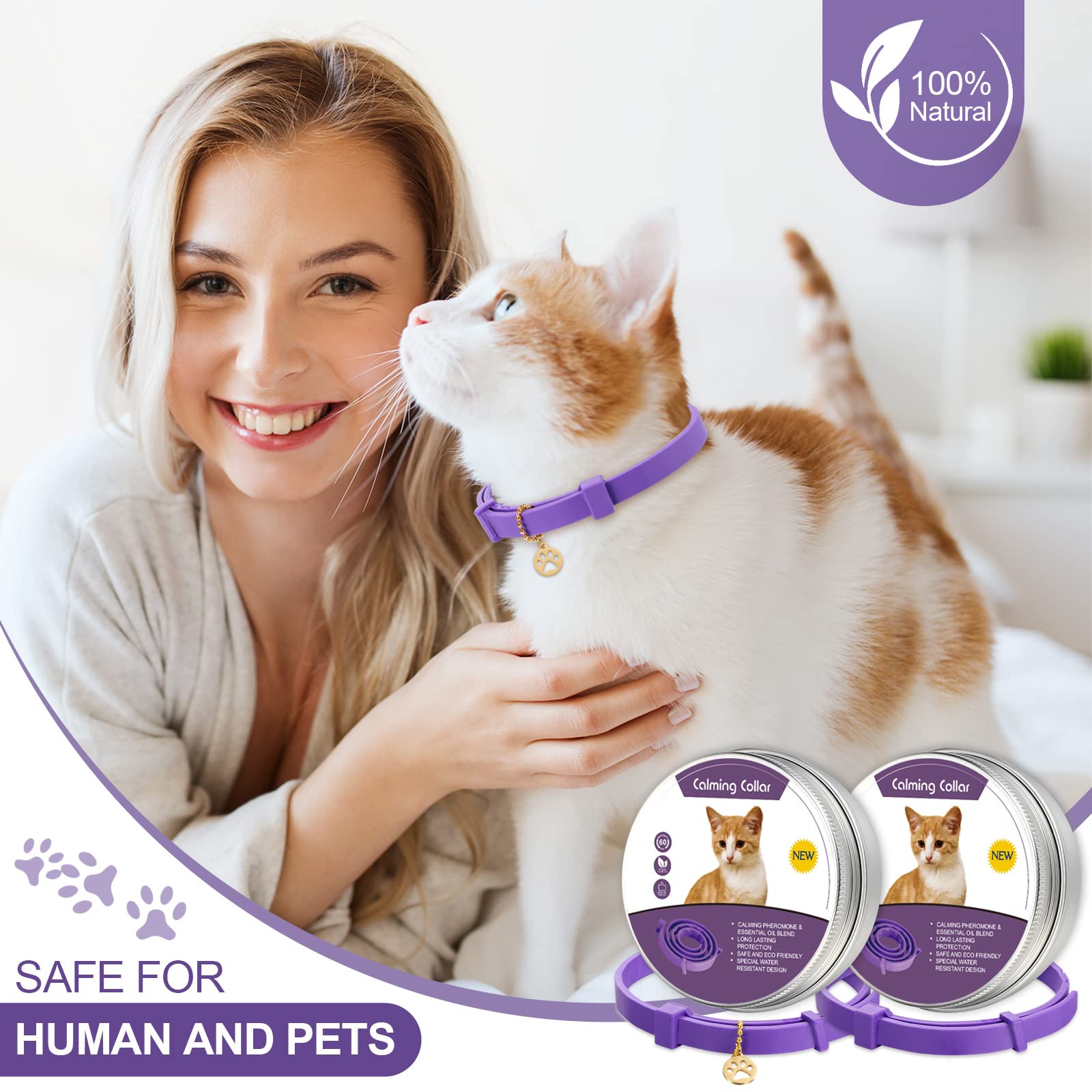 2 Pieces Calming Cat Collar Lavender Scent Relaxing Cat Collar Adjustable Longlasting Reduce Anxiety Cat Collar with Pendant for Puppy Cat Reduce Stress Aggression and Anxious Behavior, up to 15 Inch