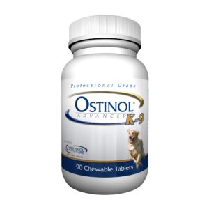 ostinol advanced k-9. dogs bone & joint supplement. stem cell activation certified. bio active protein complex for maintaining mobility and joint function. 90 chewable bone-shaped tablets