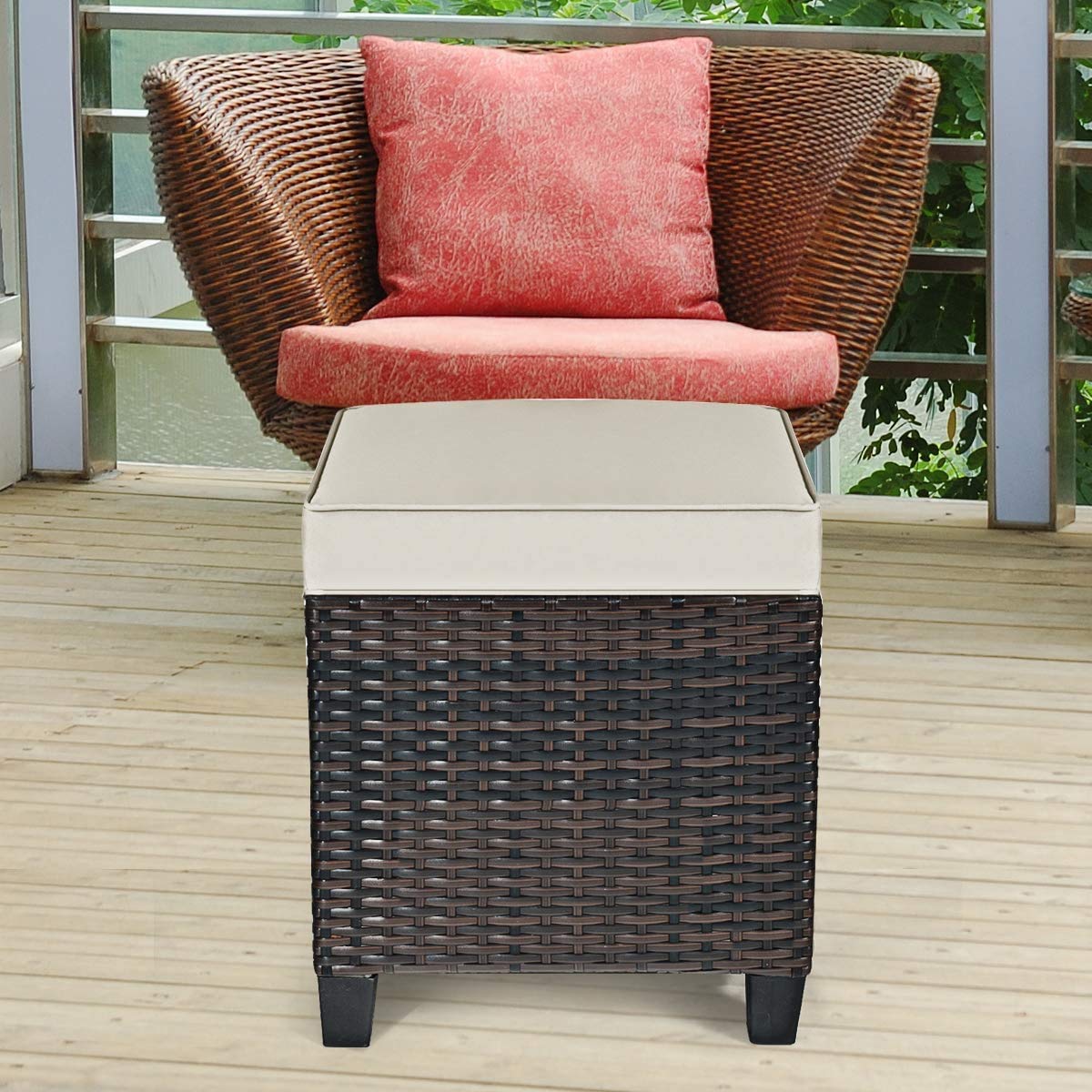 HAPPYGRILL 2-Piece Patio Ottoman Set Outdoor Rattan Wicker Ottoman Seat with Removable Cushions Patio Furniture Footstool Footrest Seat