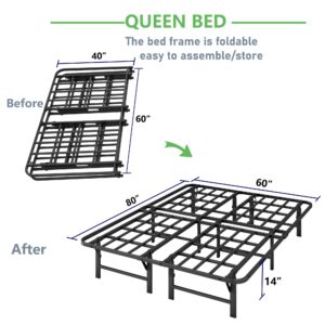 ZIYOO Heavy Duty Folding Bed Frame Queen Size, 14" High Sturdy Steel Slats Support for Mattress, Metal Platform Bed Frame Queen Size, No Box Spring Needed, Quick Assembly, Noise Free, Black