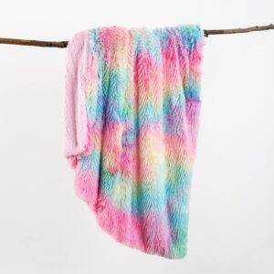 DANGTOP Faux Fur Throw Blanket, Tie Dye Fluffy Blanket, Super Soft Rainbow Blanket for Girls, Luxury Cozy Warm Plush Thick Sherpa Throws for Bed Couch Living Room (Rainbow, 50X60 inches)