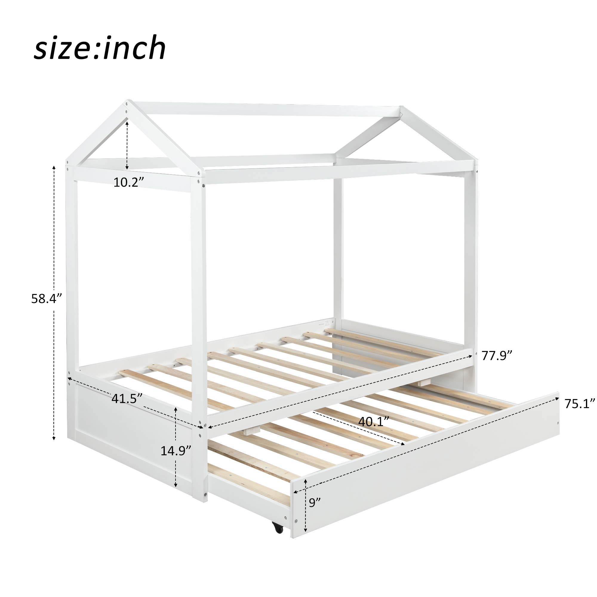 Twin Size House Bed with Trundle, Wooden Daybed for Toddlers, Teens, Girls, Boys, Kids House Bed Frame Can Be Decorated (White)