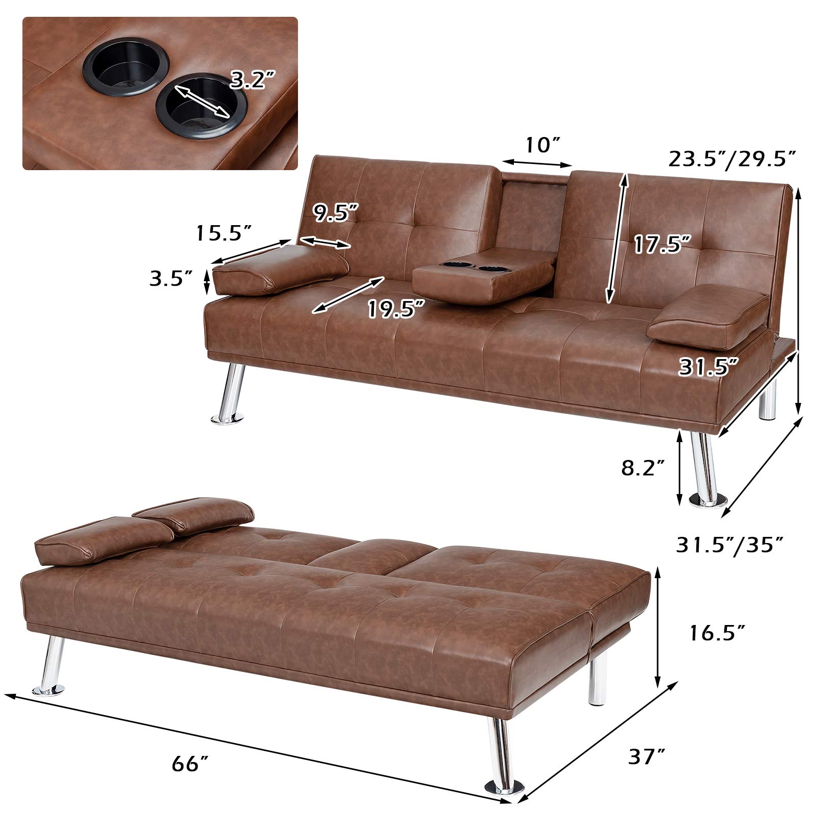 Giantex Convertible Futon Sofa Bed, Faux Leather Sectional Couch Sleeper, Removable Armrests 2 Cup Holders Backrest Adjustable, Upholstered Small Guest Bed for Apartment Living Room Brown