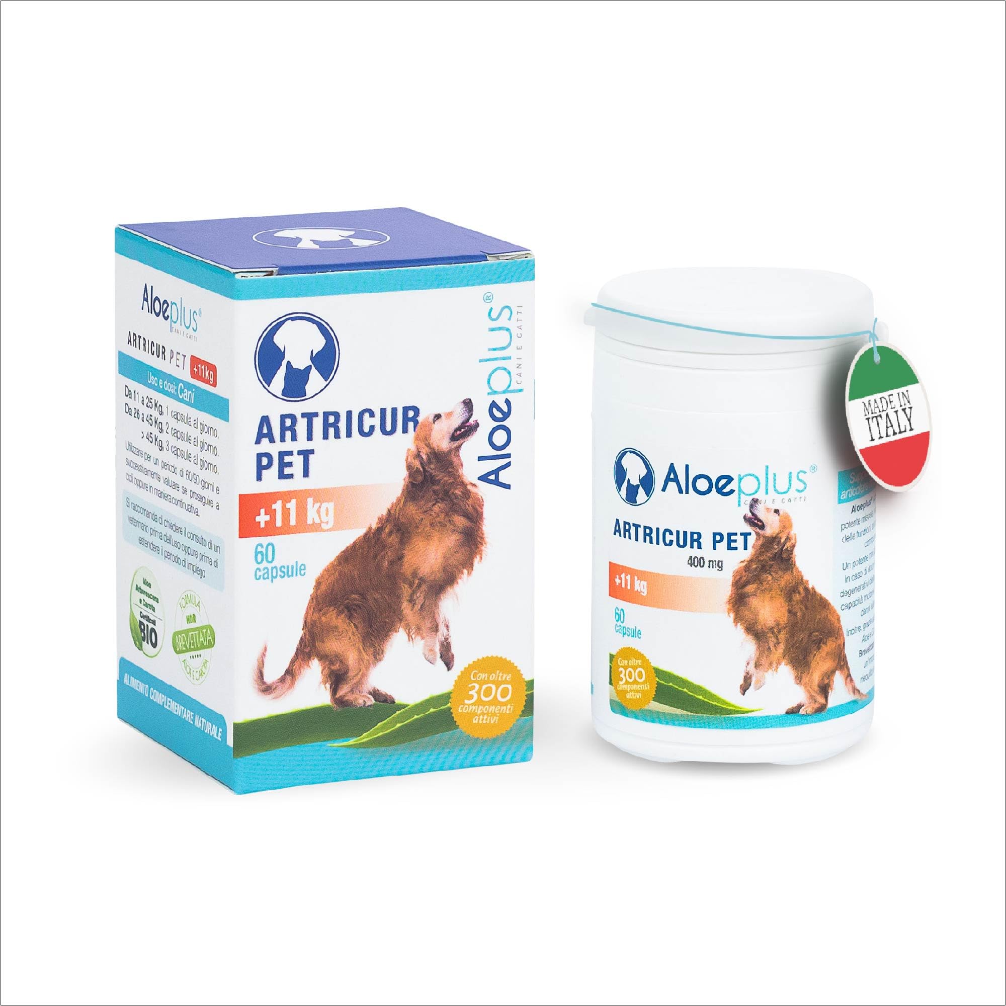 ALOEPLUS Artricur Pet Joint Supplement For Dogs 11+Kg - 100% Natural Joint Health Supplement with Organic Aloe Arborescens, Spirulina, Boswellia, Devil's Claw, Strengthens Protects Joints, 60 Capsules