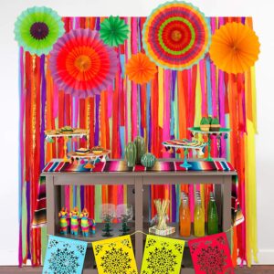 Mexican Fiesta Theme Party Backdrop with Fiesta Paper Fans, Mexican Fiesta Cinco De Mayo Party Decorations Streamer Backdrop for Taco Party Wedding Bridal Baby Shower Birthday Supplies