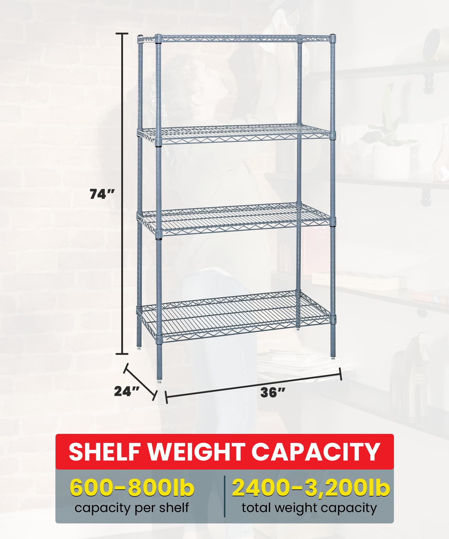 Quantum Storage Systems WR74-2436GY Wire Shelving 4 Shelf Wire Starter Units, 24" x 36" x 74", Gray Epoxy