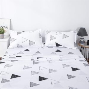 KFZ Twin Triangle Sheet Set –Triangle White Black Bedding Comforters & Sets- 4 Pieces with 1 Fitted Sheet, 1 Flat Sheet and 2 Pillowcase –Bed Sheets for Bed Frame (Top Triangle, White, Twin)