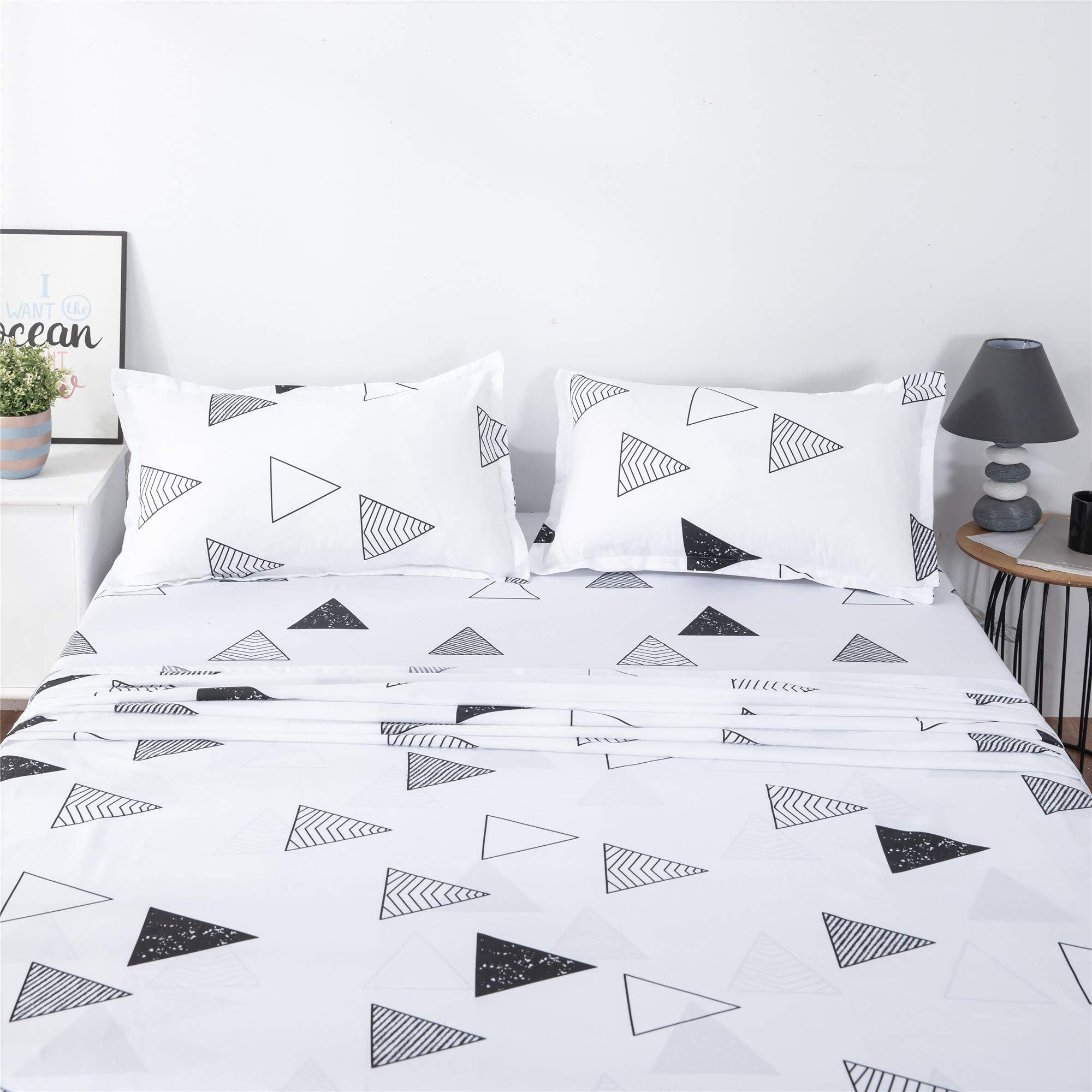 KFZ Twin Triangle Sheet Set –Triangle White Black Bedding Comforters & Sets- 4 Pieces with 1 Fitted Sheet, 1 Flat Sheet and 2 Pillowcase –Bed Sheets for Bed Frame (Top Triangle, White, Twin)