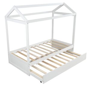 Twin Size House Bed with Trundle, Wooden Daybed for Toddlers, Teens, Girls, Boys, Kids House Bed Frame Can Be Decorated (White)