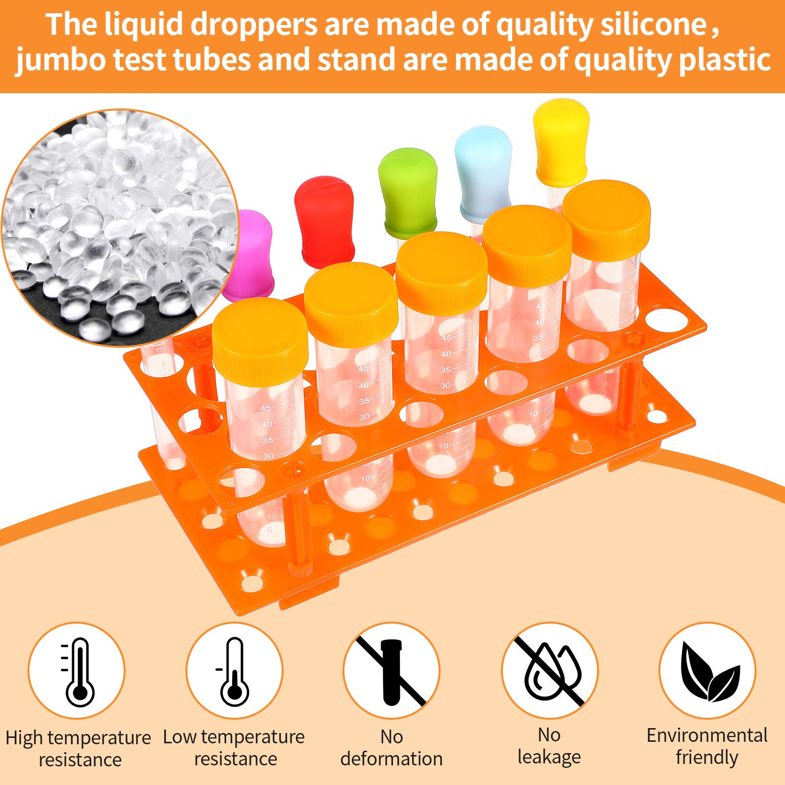 Weewooday 12 Pieces Jumbo Test Tubes with Stand Set, Primary Science Including 5 Pieces Jumbo Test Tubes, 6 Pieces Liquid Droppers Silicone and 1 Piece Storage Stand, Multi-Color, Ages 6 and Above