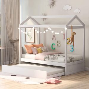 twin size house bed with trundle, wooden daybed for toddlers, teens, girls, boys, kids house bed frame can be decorated (white)