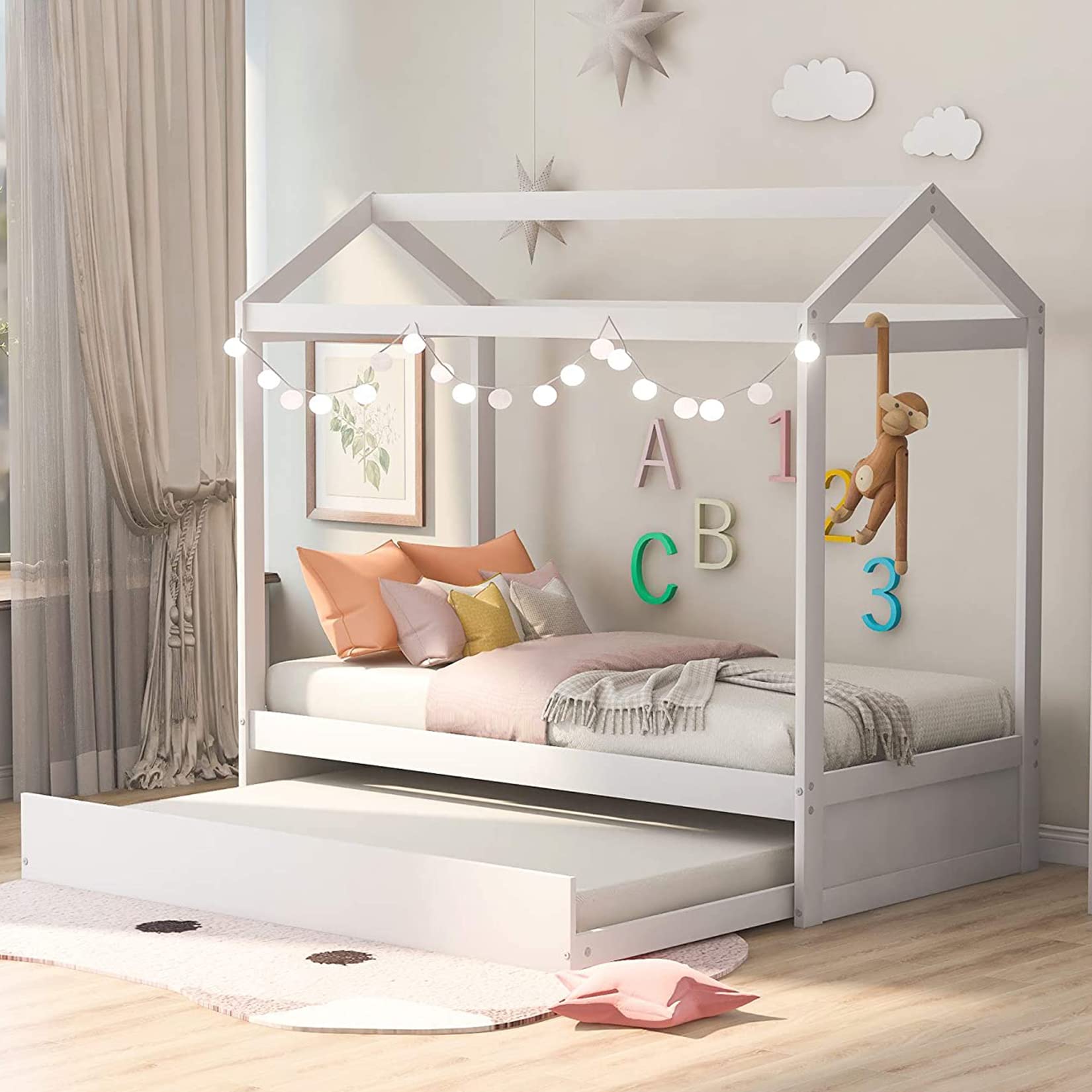 Twin Size House Bed with Trundle, Wooden Daybed for Toddlers, Teens, Girls, Boys, Kids House Bed Frame Can Be Decorated (White)