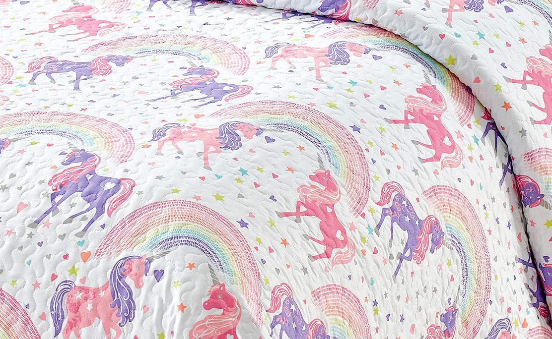 Kids Zone Collection Bedspread Coverlet Kids/Teens Unicorn Stars Hearts Rainbow White Pink Purple Yellow Orange Grey New # Unicorn Two (Twin)