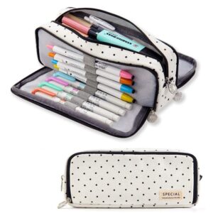 big pencil case pouch large pen case stationery pencil bag school college office organizer for teens girls adults student (black dots)