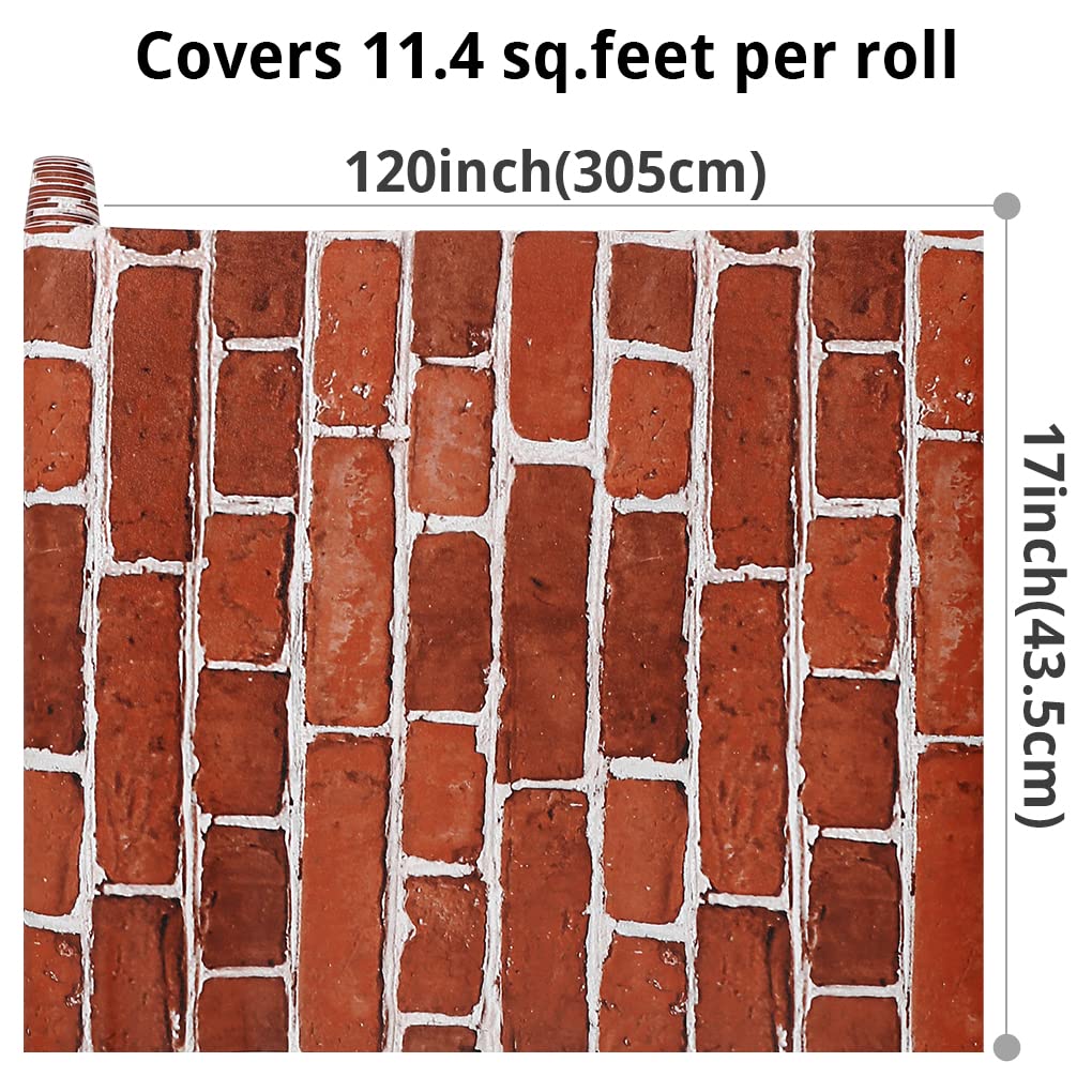 Arthome 17''x120'' Peel and Stick Brick Wallpaper Self Adhesive Contact Paper Waterproof Vinyl Film Wall Paper for Room,Fireplace,Stair and Christmas Holiday Decoration(Red)