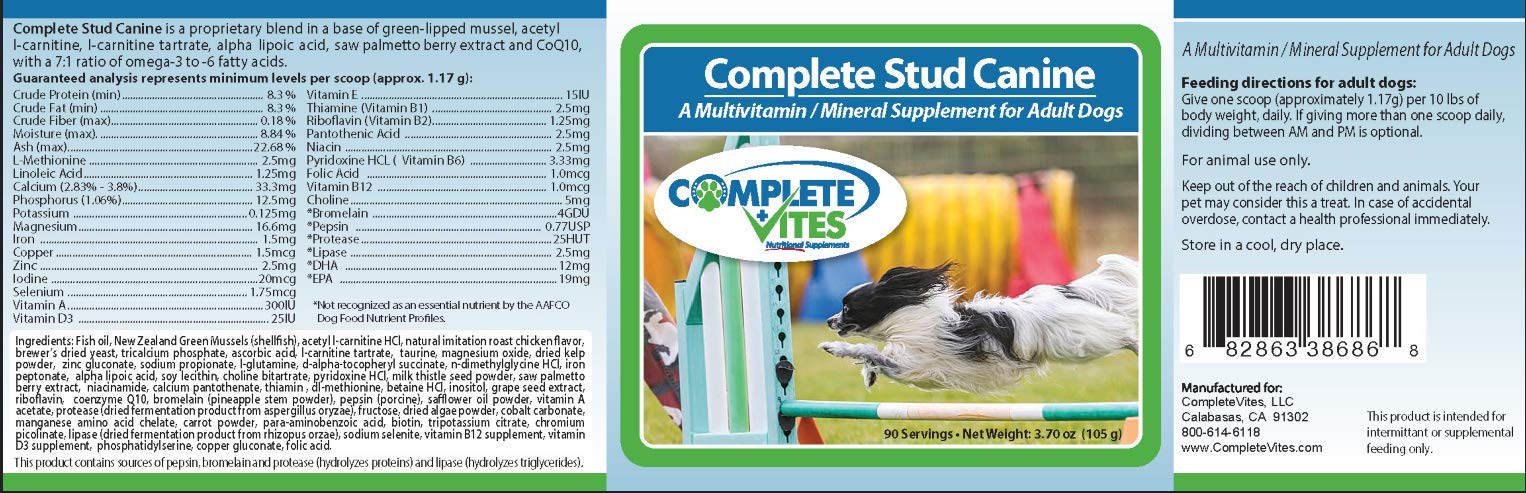 Complete Stud Canine – Vitamin & Mineral Supplement for Breeding Stud Dogs -(<20lbs)-48 nutrients-Improve Sperm/breeding Potential** Omega Fatty Acids, Amino Acids, Digestive Enzymes + More 105 Grams