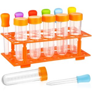 weewooday 12 pieces jumbo test tubes with stand set, primary science including 5 pieces jumbo test tubes, 6 pieces liquid droppers silicone and 1 piece storage stand, multi-color, ages 6 and above