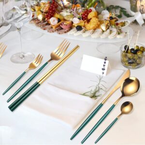 AARAINBOW 8 Pieces Stainless Steel Flatware Set Portable Reusable Cutlery Set Travel Utensils Set Including Chopsticks Knife Fork Spoon Straws Cleaning Brush Dishwasher Safe (Green Golden)