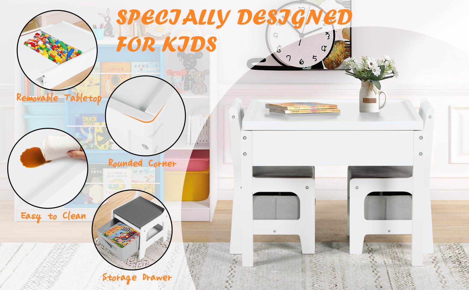 COEWSKE Kids Table and Chairs Set, 4 in 1 Toddler Desk and Chair Set with Storage, Wooden Activity Table for Toddlers Arts, Crafts, Drawing, Reading, Playroom,Gift for Boy & Girl (Gray)