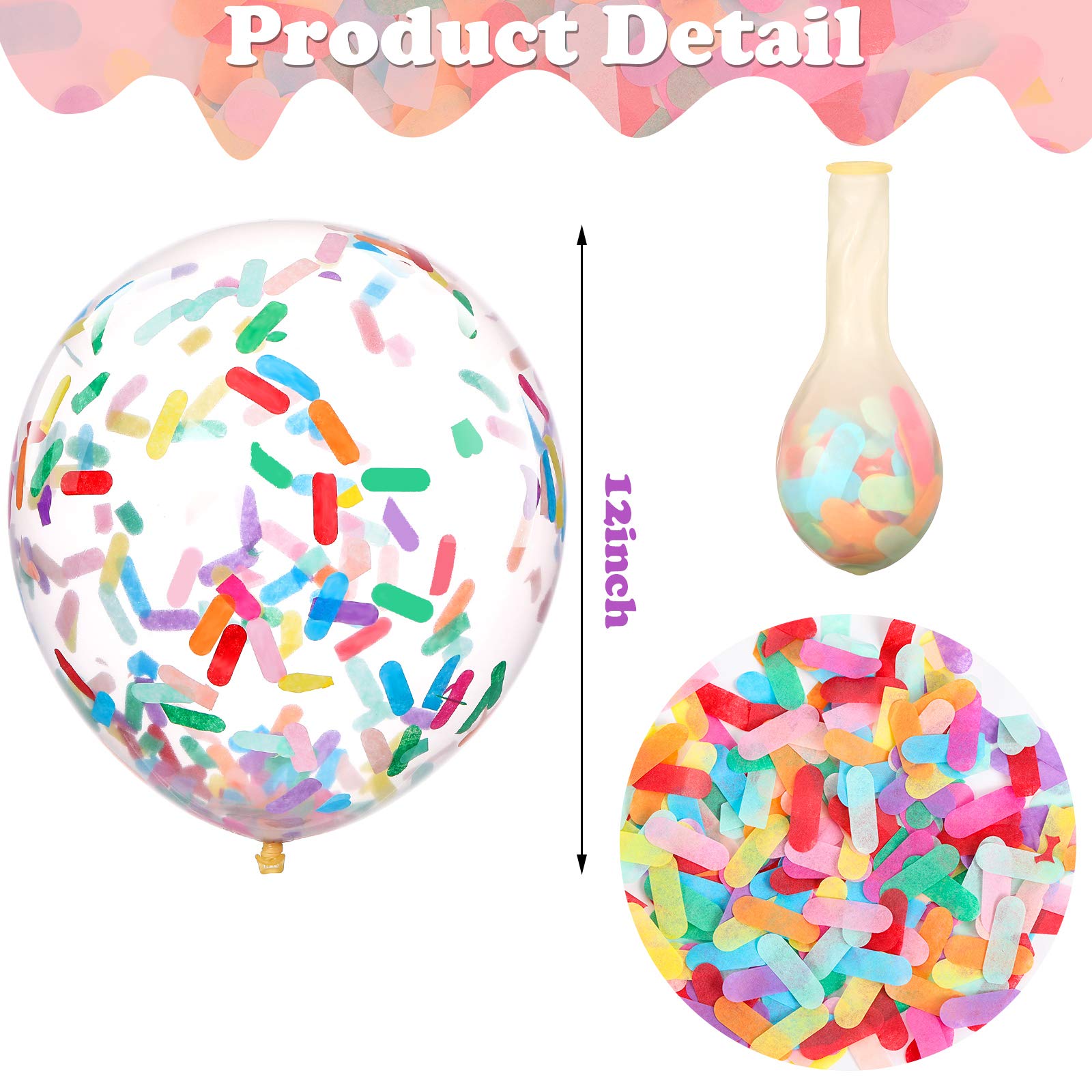 Sumind 18 Pcs Sprinkle Confetti Balloons, 12 Inch Clear Donut Balloons with Confetti Ice Cream Party Decorations Rainbow Multicolored Confetti Balloons, Wedding Engagement Bridal, Graduation, Proposal