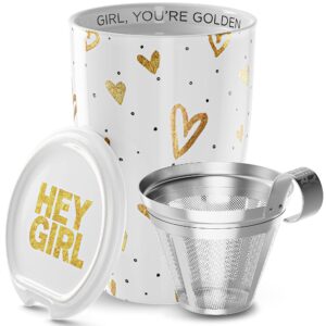 hey girl tea cup with infuser and lid - double-walled insulation & ceramic outer tea infuser mug - fine-mesh strainer basket - gift-inspired packaging - 12 oz