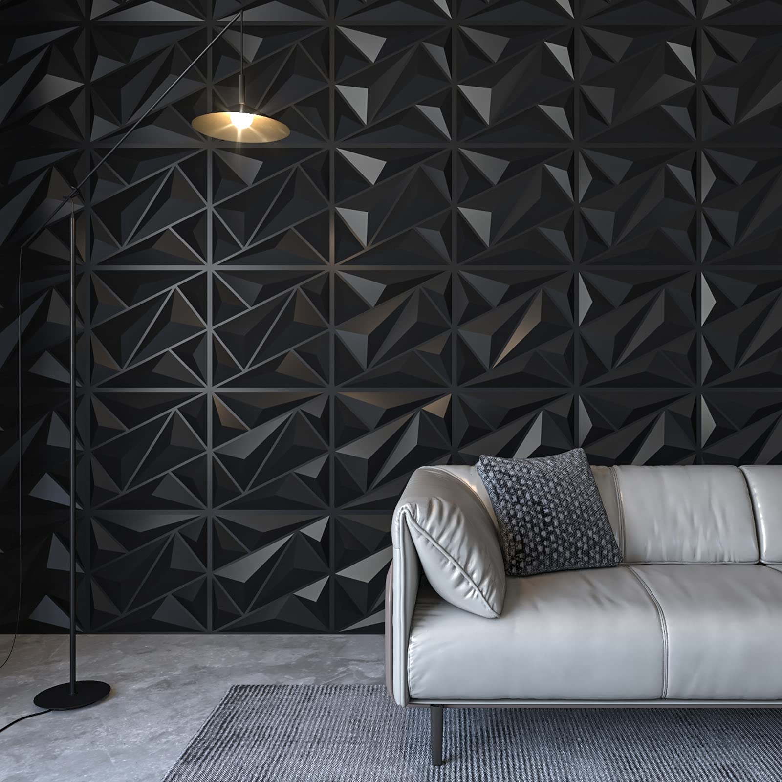 Art3dwallpanels PVC 3D Wall Panel Diamond for Interior Wall Décor in Black, 19.7" x 19.7" Wall Decor PVC Panel, 3D Textured Wall Panels, Pack of 12 Tiles