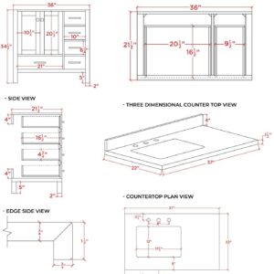 ARIEL 37" White Bathroom Vanity with 1.5" Edge Pure White Quartz Countertop & Backsplash, Left Rectangular Sink, 2 Soft Closing Doors, 5 Full Extension Dovetail Drawers, Toe Kick, Matte Black