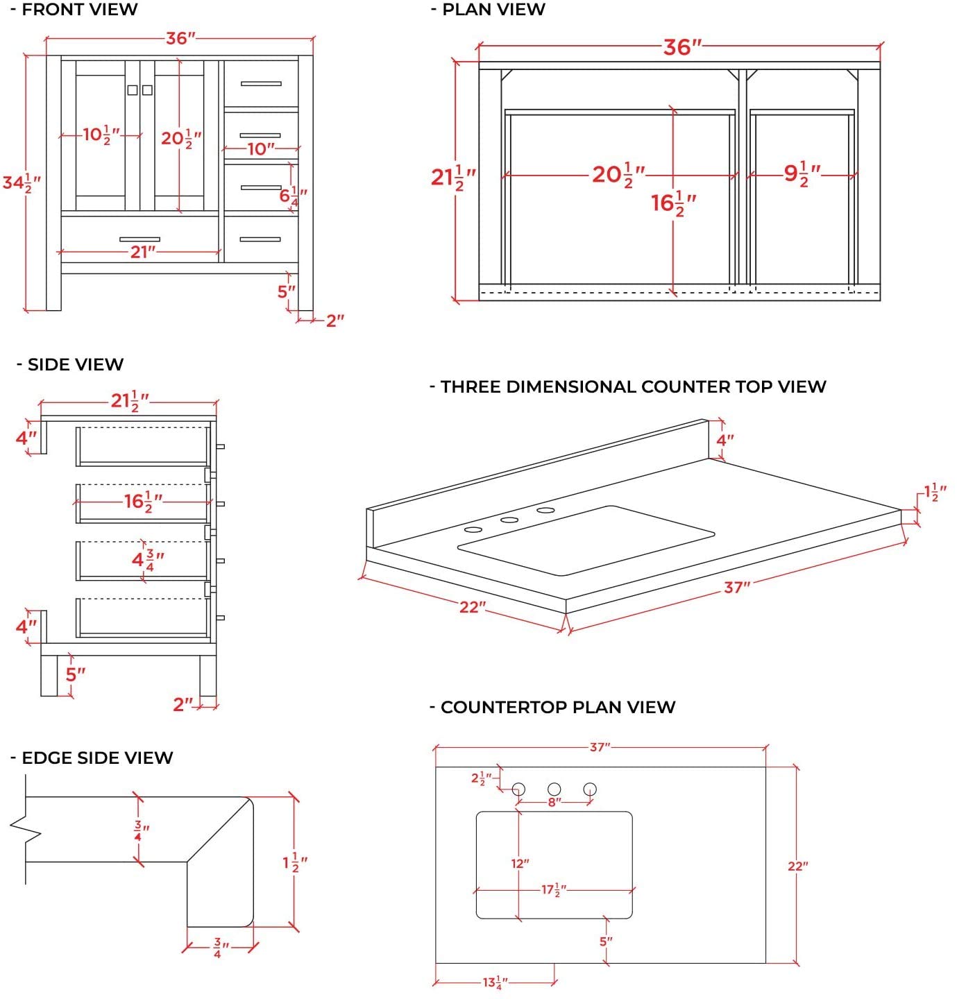 ARIEL 37" White Bathroom Vanity with 1.5" Edge Pure White Quartz Countertop & Backsplash, Left Rectangular Sink, 2 Soft Closing Doors, 5 Full Extension Dovetail Drawers, Toe Kick, Matte Black