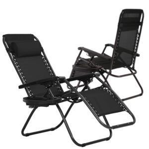 hcy zero gravity chairs outdoor adjustable recliner chair folding lounge patio chairs with cup holder pillows set of 2 for beach, yard, lawn, camp（black）