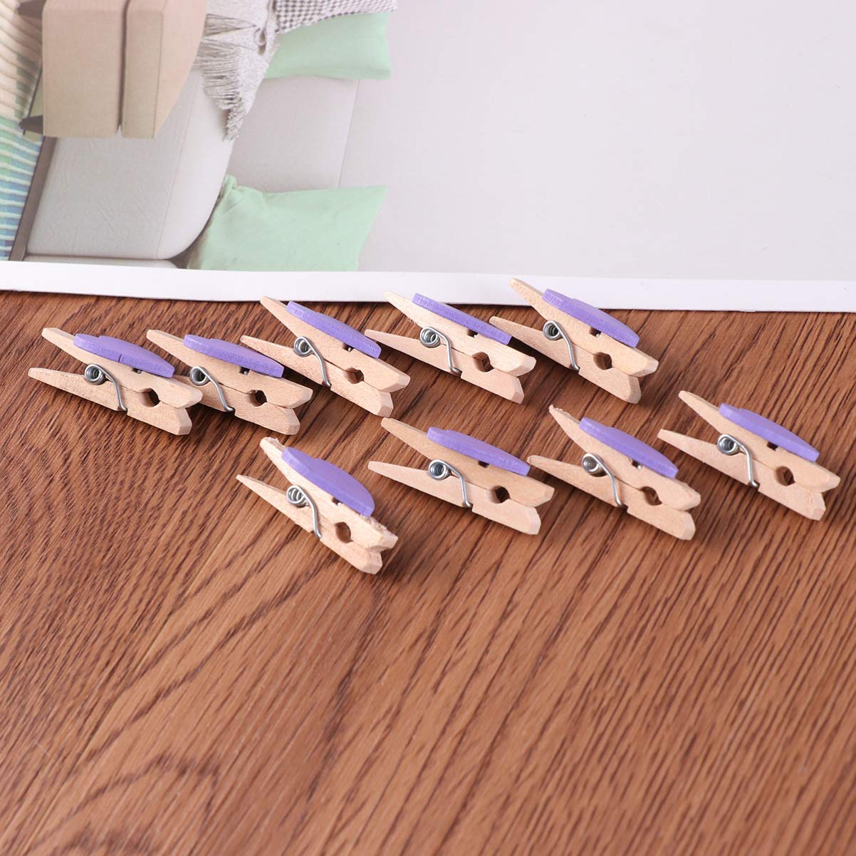 NUOBESTY Woodsy Decor 50pcs Mini Wooden Clips Clothespins Crafts Clips with Hearts for Wedding Party Valentines Day Decoration Purple Trendy Decor