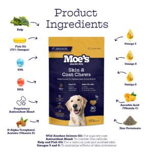 Moe’s Skin & Coat Omega 3, 6, 9 and Vitamin Supplement for Dogs- Supports Dryness, Itch Relief, & Thick, Shiny Coats- Premium Wild Alaskan Salmon Oil- For All Ages and Breeds- 90 Salmon Flavored Chews